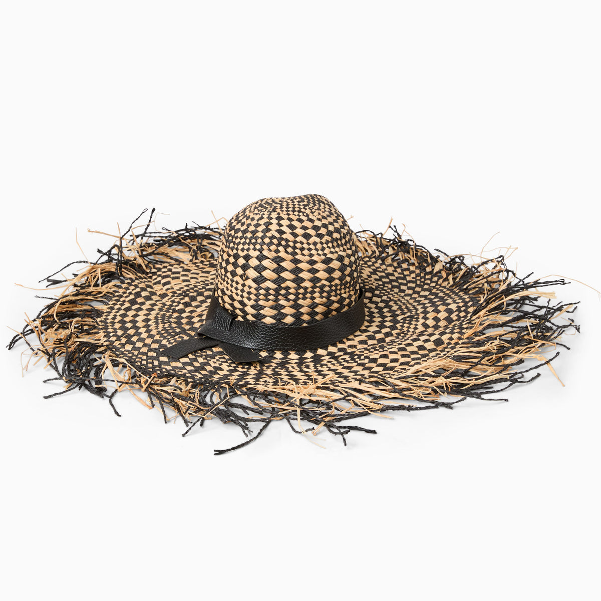 Agneta Wide Brim Fringe Hat in Raffia Black/Natural | Boho Raffia Sun ...
